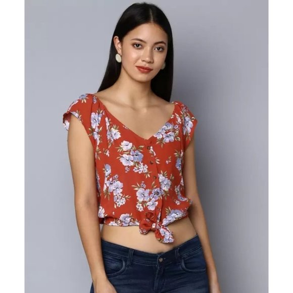 American Eagle Outfitters | Tops | Nwt American Eagle Womens Top Xs Orange Floral Crop Top Tie ...